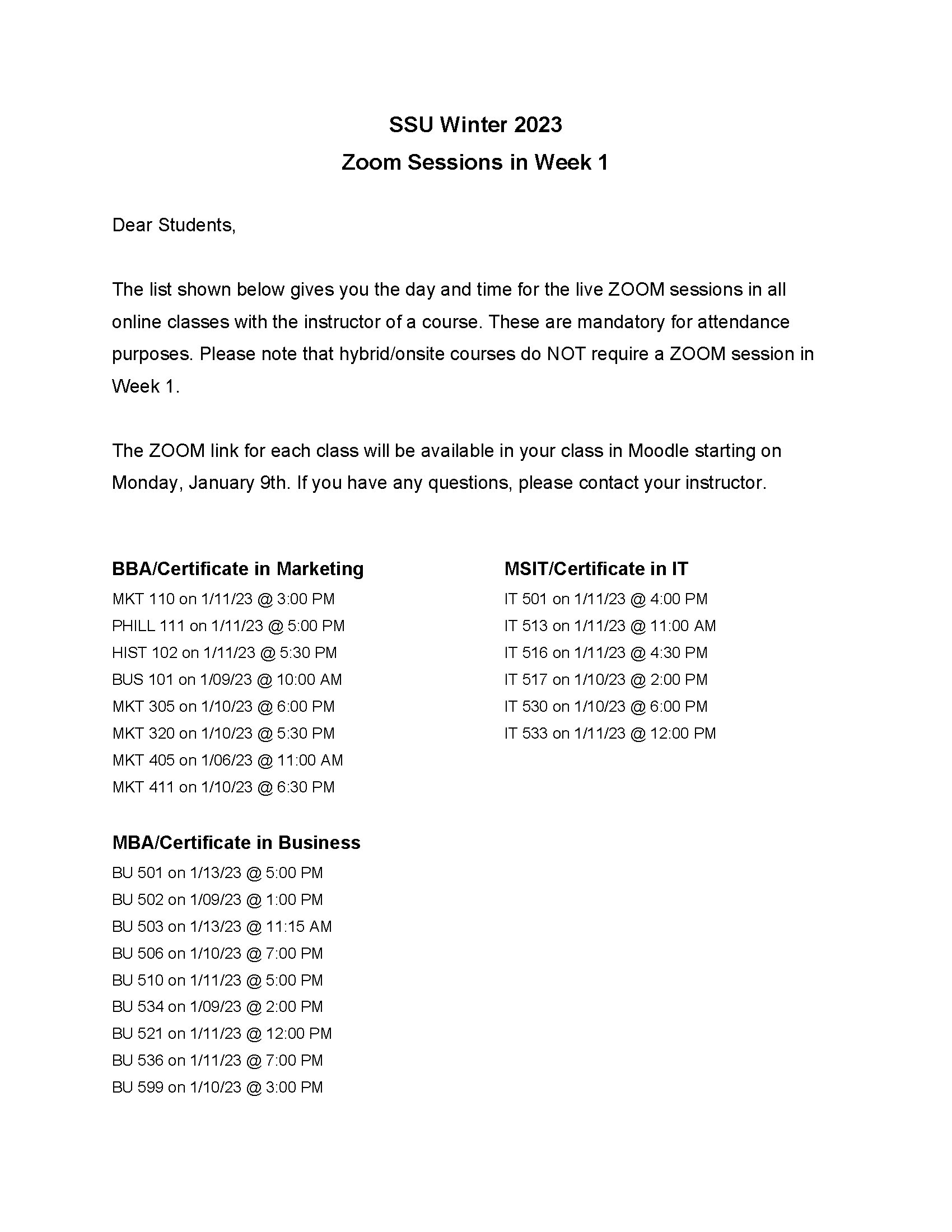 Winter 2023 - Week 1 Zoom Sessions SSU - Business Administration, BBA ...